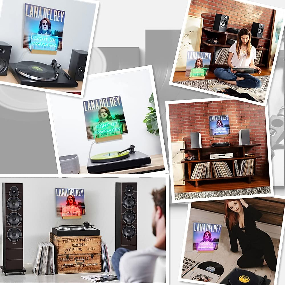 BiJun Now Playing Vinyl Record Stand, Now Spinning Vinyl Display Stand Wall Mount or Tabletop Vinyl Record Holder Wooden Floating Shlelf for Albums LP Display Storage with Illuminated Acrylic Panel