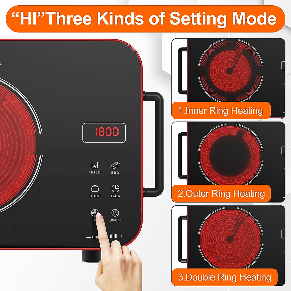 VBGK Electric Cooktop, 1800W Single Cooktops with 2 Handle, Electric Hot Plate for Cooking, Electric Stove top with 9 Power Level, 4H Timer Touch and Knob Control,Portable Induction Cooktop