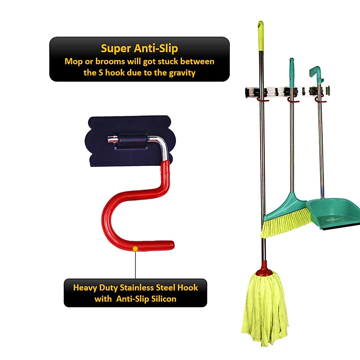 Mop Broom Holder Wall Mount QBOSO Aluminum Metal S Type Cleaning Tool Organizer Hanger Rack for Kitchen Garage Garden Holds Up to 5 Tools 17 In (3 Positions 2 Hooks Red black)