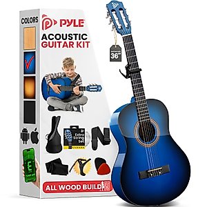 Pyle Beginner Acoustic Guitar Kit, 3/4 Junior Size All Wood Build Nylon String Instrument with Capo, Gig Bag, Strap, Extra String Set, Guitars for Beginners Adults and Youth, 36" Blue Burst Gloss