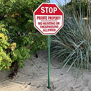 SmartSign 10 x 10 inch “Stop - Private Property, No Hunting Or Trespassing Allowed” LawnBoss Yard Sign with 3 foot Stake, 40 mil Laminated Rustproof Aluminum, Red and White, Set of 1, Made in USA