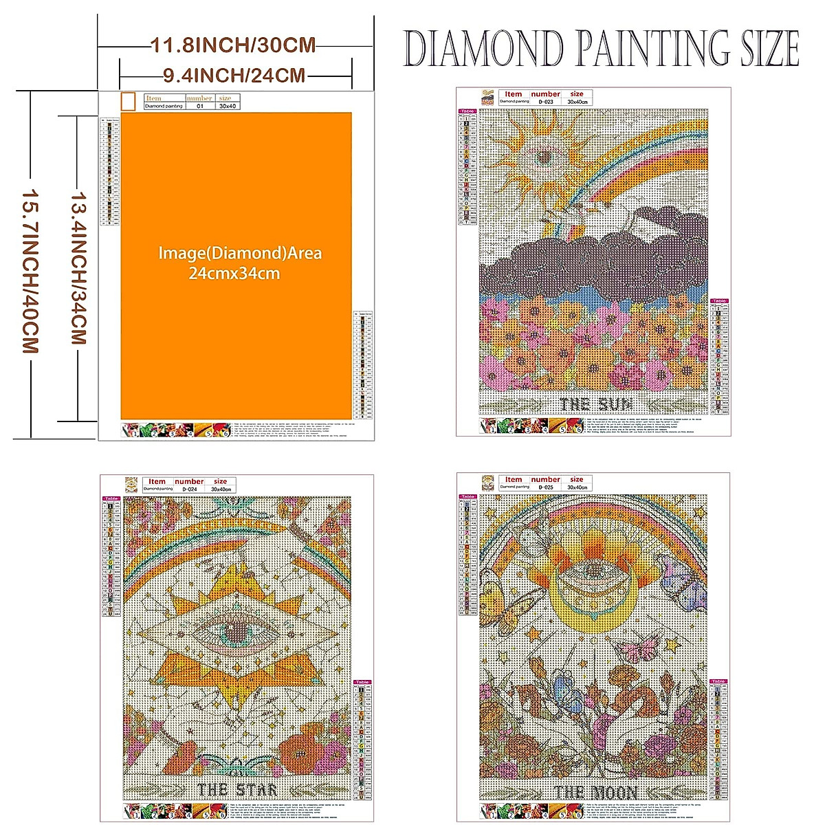 GemZono 3 Pieces Tarot Sun Moon & Stars Adult Diamond Painting Kit, 5D Diamond Art Round Full Diamond Painting Kit, Polka Dot Diamond Digital Painting Kit for Beginners (11.8x15.7in)