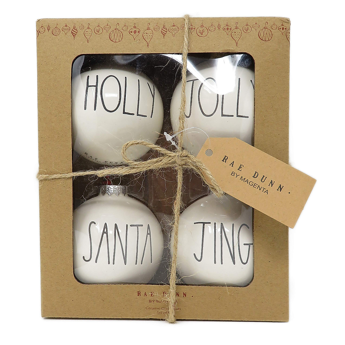 Rae Dunn by Magenta Set of 4 Holly & Jolly & Santa & Jingle Ceramic LL Round Bulb Christmas Tree Ornaments