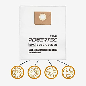 POWERTEC 75041 Fleece Filter Bags for Fein Turbo 1&2 I 9-20-27 & 9-20-28, 5PK