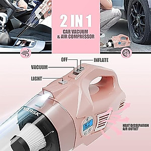 VARSK 4-in-1 Car Vacuum Cleaner High Power, Tire Inflator Portable Car Vacuum with Digital Tire Pressure Gauge LCD Display and Light, 12V DC, 15FT Cord, Pink Car Accessories for Women, Gifts for Her