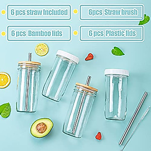 Facilfeliz 6 Pack Bubble Tea Cup, 24oz Iced Coffee Cups, Mason Jar with Bamboo Lids & Straws & 6 Airtight Lids, Reusable Wide Mouth Smoothie Boba Cup, Clean Brush, Glass Cups, Travel Drinking Bottle