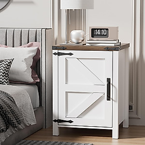 PakaLife Farmhouse End Table with Charging Station, 17.7" Side Tables Living Room with Barn Door & Adjustable Shelf, Bed Side Table/Nightstand w/Magnetic Door for Bedroom