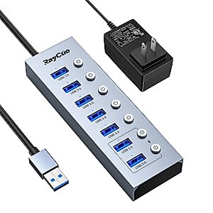 Powered USB 3.0 Hub, Aluminum 7-Port USB Data Hub Splitter with 5V/3A AC Adapter and Individual On/Off Switches, USB Hub Powered Charging for MacBook Pro/Air, PC, Laptops, Surface Pro,HP, etc