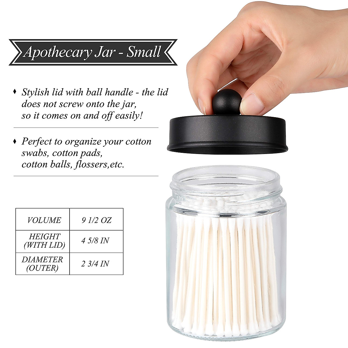 Apothecary Jars 3 Pack - Glass Bathroom Containers with Stainless Steel Lids - Rustic Farmhouse Decor Bathroom Accessories, Vanity Organizer Apothecary Jars for Qtip/Cotton Balls (Matte Black)