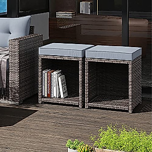JOIVI 2 Pieces Outdoor Patio Ottoman, All Weather Rattan Wicker Ottoman Set, Outdoor Footstool Footrest Seat with Removable Cushions Storage Space, Grey