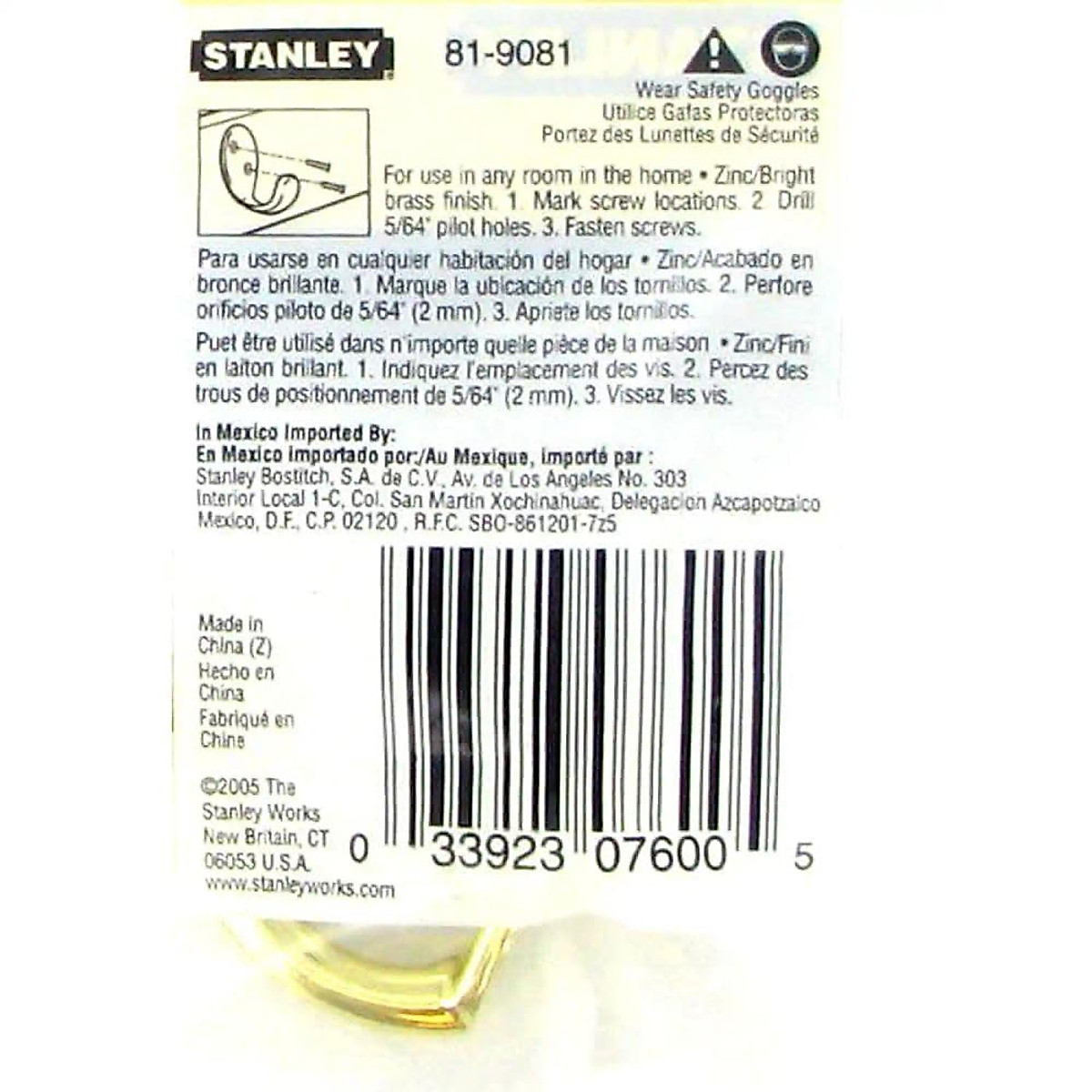 Stanley Hardware S819-081700 4025 Single Prong Robe Hook in Brass