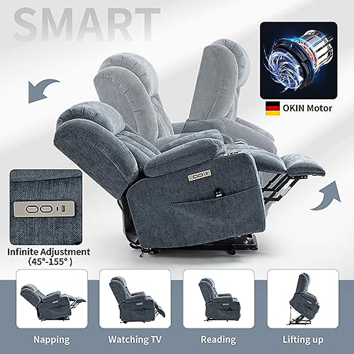 Trustyue Power Lift Recliner Chair for Elderly, Lift Chair with Full-Body Massage and Heat, Hand Remote Control, Upgraded Powerful Motor, USB Ports, Stainless Steel Cup Holders, Chenille Blue