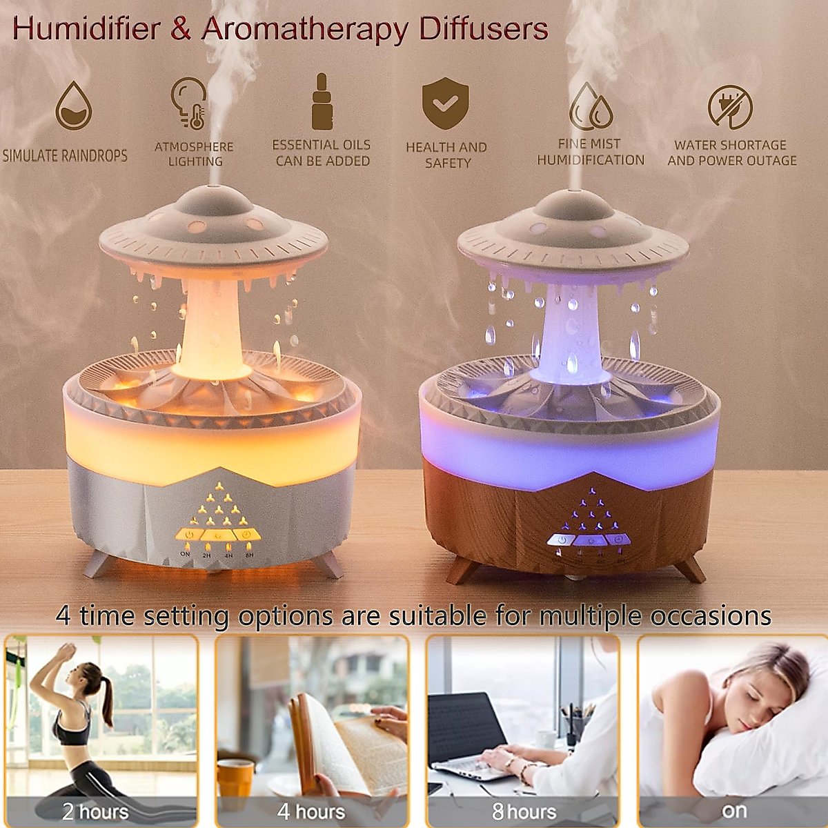 Raindrop Humidifier for Bedroom Large Room -Air Humidifiers and Aromatherapy Diffuser,Ultrasonic humidifier,Quiet humidifier with Ambient Light & 4 Timer,Waterless Auto Off (No Remote Control)
