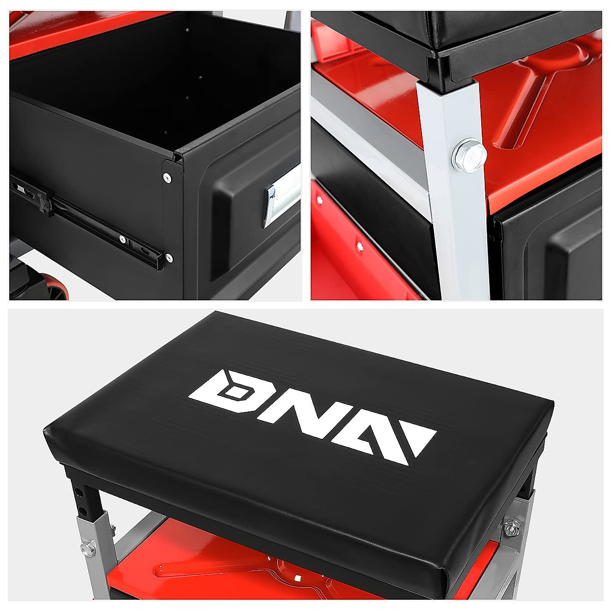 DNA Motoring TOOLS-00198 Adjustable Height Mechanics Roller Seat Creeper Stool With Padded Cushion, Tool Storage Drawer & Tray, 350 Lbs Max Weight Capacity