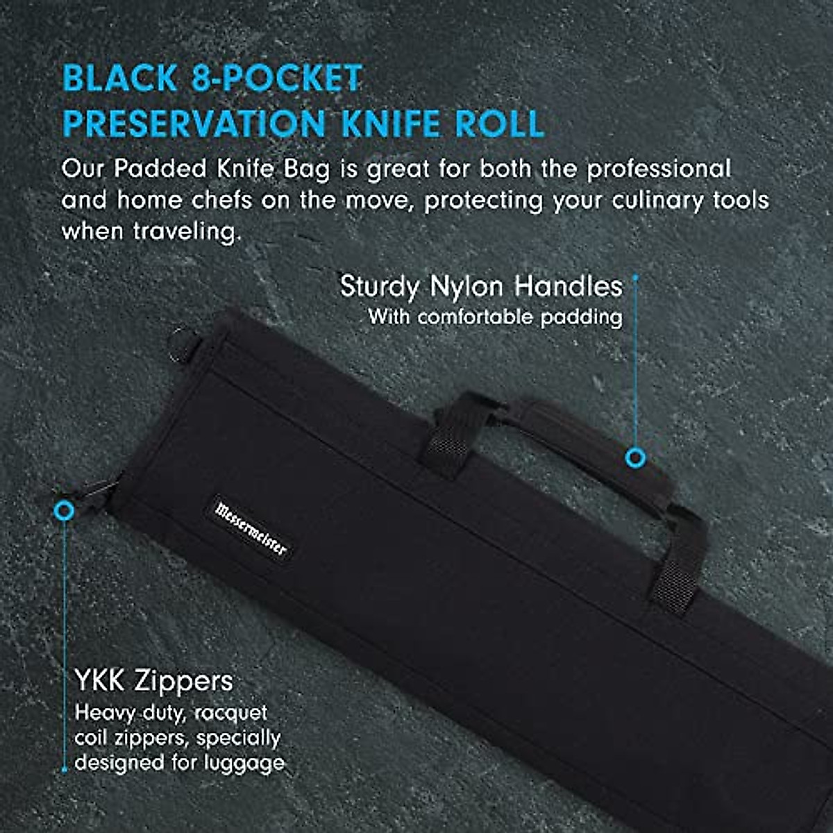 Messermeister Preservation 8-Pocket Knife Luggage, Black - 8 Elasticized, Reinforced Pockets for Culinary Tools - Holds Up to 18” Knife - Made From 100% Recycled Water Bottles