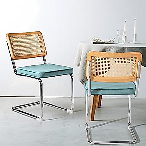 MeetLeisure Rattan Dining Chair Set of 2, Mid-Century Modern Chairs with Metal Chrome Legs, Armless Cane Back Chairs with Upholstered Cushion for Home Kitchen Dining Room, Aqua