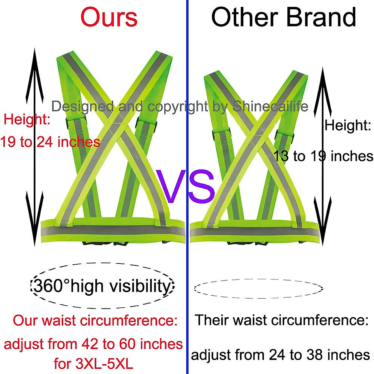 Shinecailife Extra Wide/Big High Visibility Safety Reflective Vest,2" Wide Strap,0.8" Wide Reflective Strip,Adjustable,Elastic for Safety Running,Construction,Cycling,Walking,Size 4-22(S-2XL)