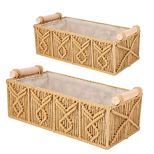 Primepoch Macrame Storage Baskets With Wood Handles, Boho Style Versatile Shelf Basket bins, set of 2 (Khaki)