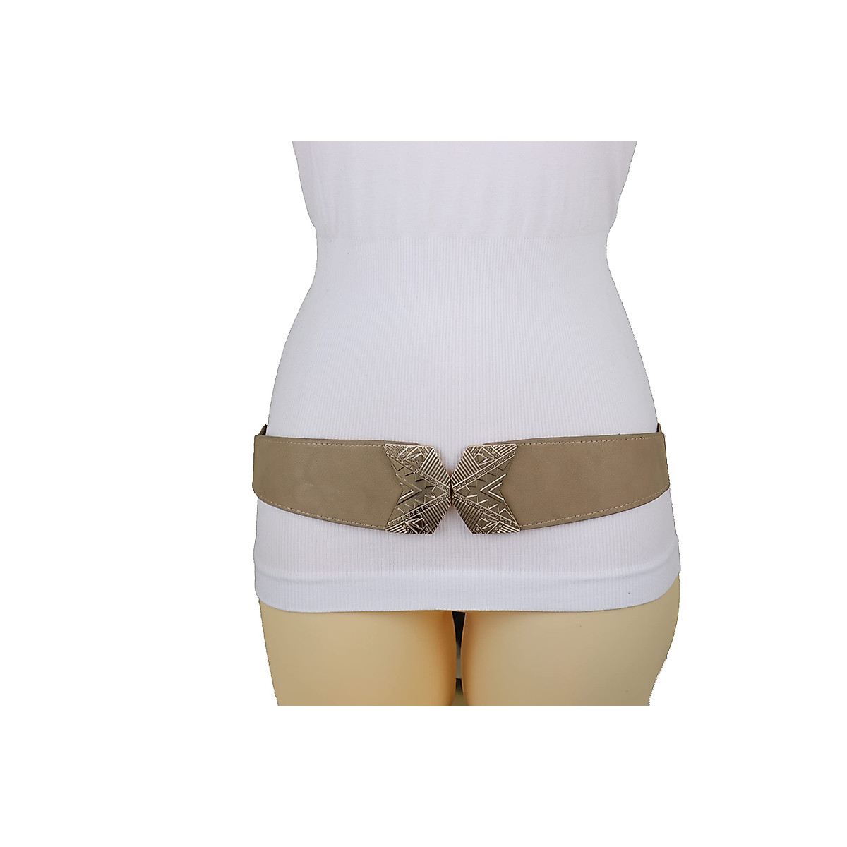 TrendyFashionJewelry Women Fashion Elastic Wide Waistband Belt Hip High Waist X Shape Gold Metal Buckle S M Beige