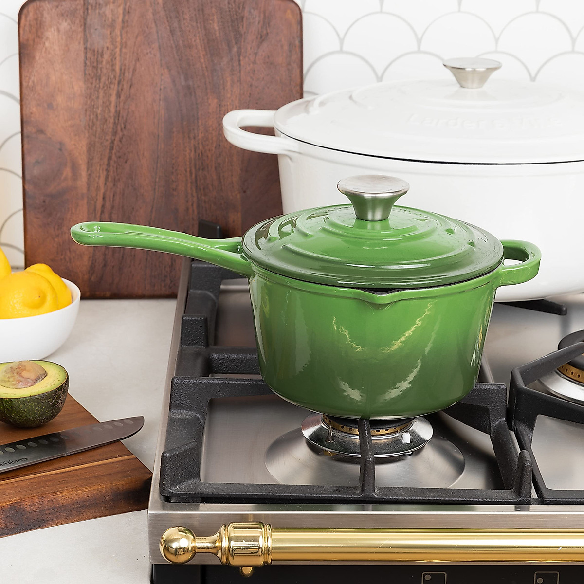 Larder & Vine 2.2 Quart Enameled Cast Iron Saucepan with Lid, Cast Iron Pan with Pour Spouts, Ergonomic Handle, Helper Handle, Stainless Steel Knob, Self-Basting Lid with Drip Bumps (Okra)