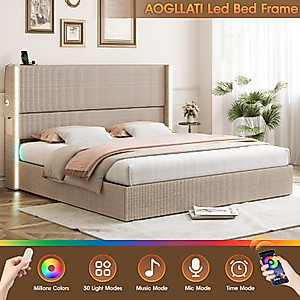 Queen Size Bed Frame with 4 Storage Drawers and LED Lights,Upholstered Queen Bed Frame with Headboard and Charging Station,Ease of Installation,Taupe