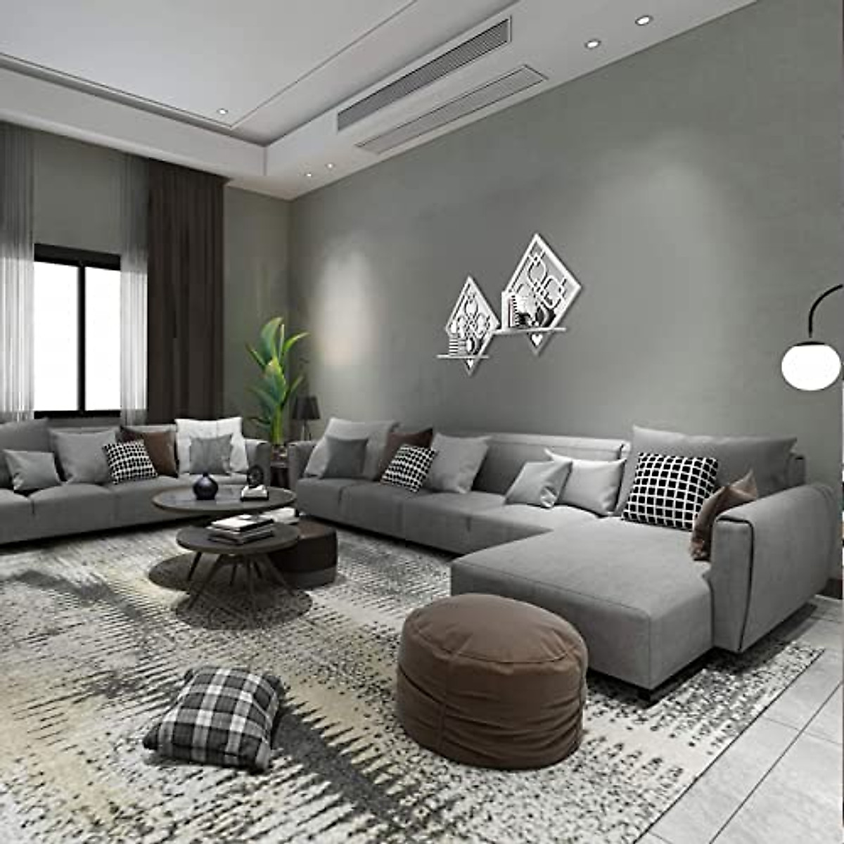 ZEXUIRU 2 Set Mirrored Shelves Wall Decor Wood Rustic Floating Shelves Geometric Diamond Shape Carving Frame Hanging Wall Art (White Set)