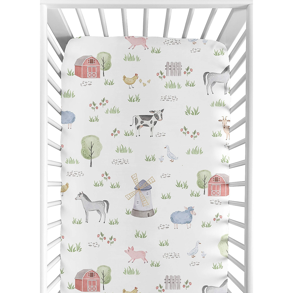 Sweet Jojo Designs Farm Animals Boy Girl Baby Fitted Crib Sheet Set Infant Newborn Nursery Toddler Bed Room Standard Mattress 2pc Gender neutral Watercolor Farmhouse Barn Horse Pig Cow Black and White