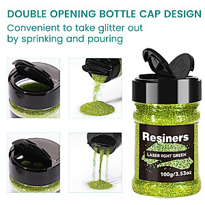 Resiners Holographic Ultra Fine Glitter Powder - 3.53oz/100g, 1/128" Metallic Epoxy Resin Glitter Sequins Flakes for Tumblers,Slime, Nails, Paint, Art Crafts - Laser Light Green