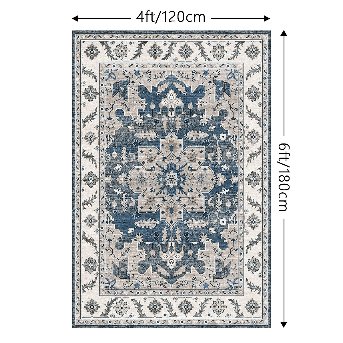 FINOREN Moroccan Distressed Area Rug,Stain Resistant Washable,Low Pile Non-slip Rug for Living Room Bedroom Dining Room Kitchen Indoor Office,Room Decorative Rugs,Blue,4x6 Feet