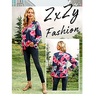 ZXZY Womens Hawaiian Shirt Vintage Leaf Floral Printed Tropical Tops V Neck Puff Long Sleeves Shirts Blue