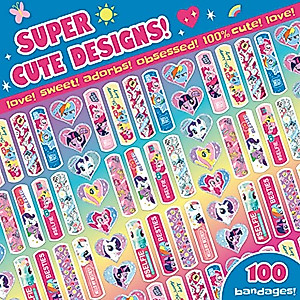 My Little Pony Kids Glitter Bandages, 100 ct Assorted Shapes & Sizes | Wear Like Stickers, Adhesive Bandages for Minor Cuts, Scrapes, Burns. Easter Basket Stuffers for Kids & Toddlers