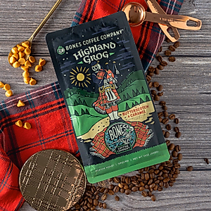 Bones Coffee Company Highland Grog Flavored Ground Coffee Beans Butterscotch Caramel Flavor | 12 oz Medium Roast Arabica Low Acid Coffee | Gourmet Coffee (Ground)