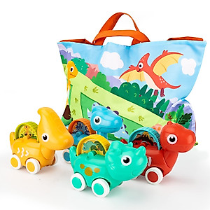 COVTOY 1 Year Old Boy Gift, 4 Sets of Vehicle Dinosaur Car Toys with Playmat and Storage Bag Baby Toys 12-18 Months First Birthday Gifts for 1 Year Old Infants and Toddlers