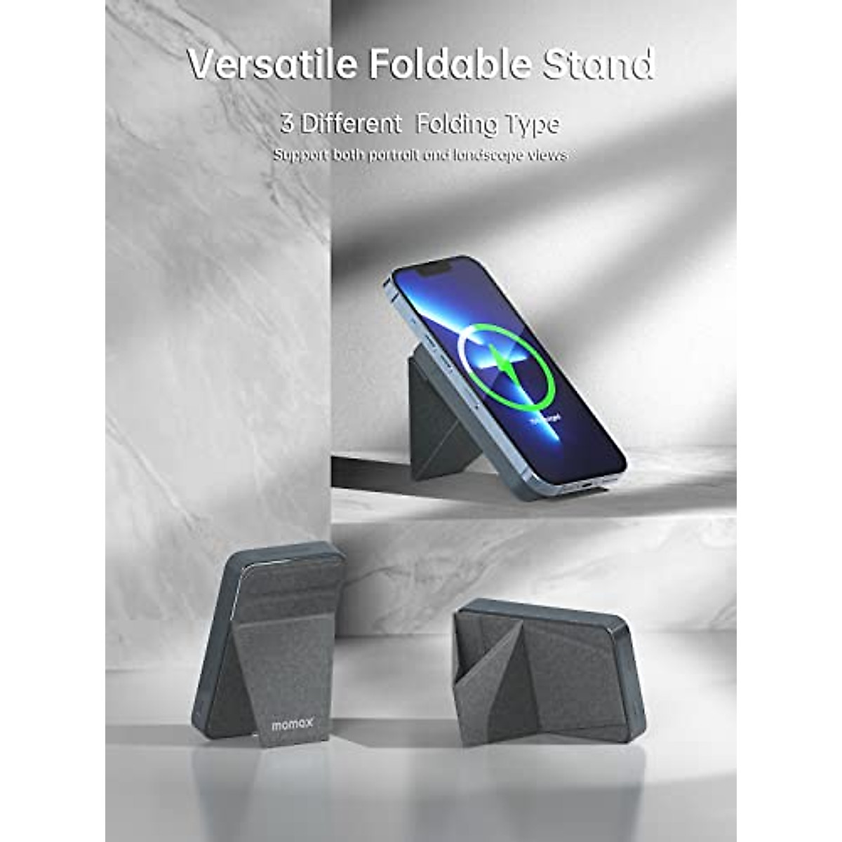 MOMAX Magnetic Wireless Portable Charger, Transparent Battery Pack with Stand, Foldable 5000 mAh Magnetic Wireless Power Bank and USB-C for iPhone 14/13/12 Series, Magnetic Portable Charger for iPhone