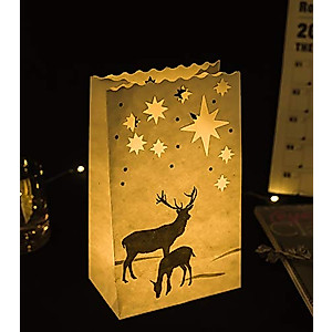 Homemory 24-Count Christmas Luminary Bags - Flame Resistant Tealight Candle Bags - Stars Elks Deer Luminaries for Thanksgiving, Christmas, Party Decoration