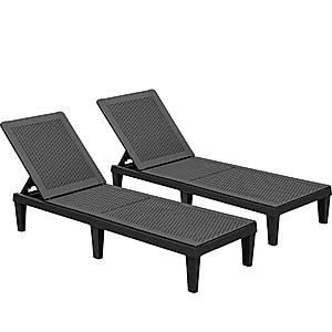 GUNJI Lounge Chairs for Outside Patio Waterproof Resin Chaise Lounge Outdoor Adjustable Lounge Chairs Set of 2 Pool Chairs Sun Loungers for Deck, Poolside and Beach (Black)