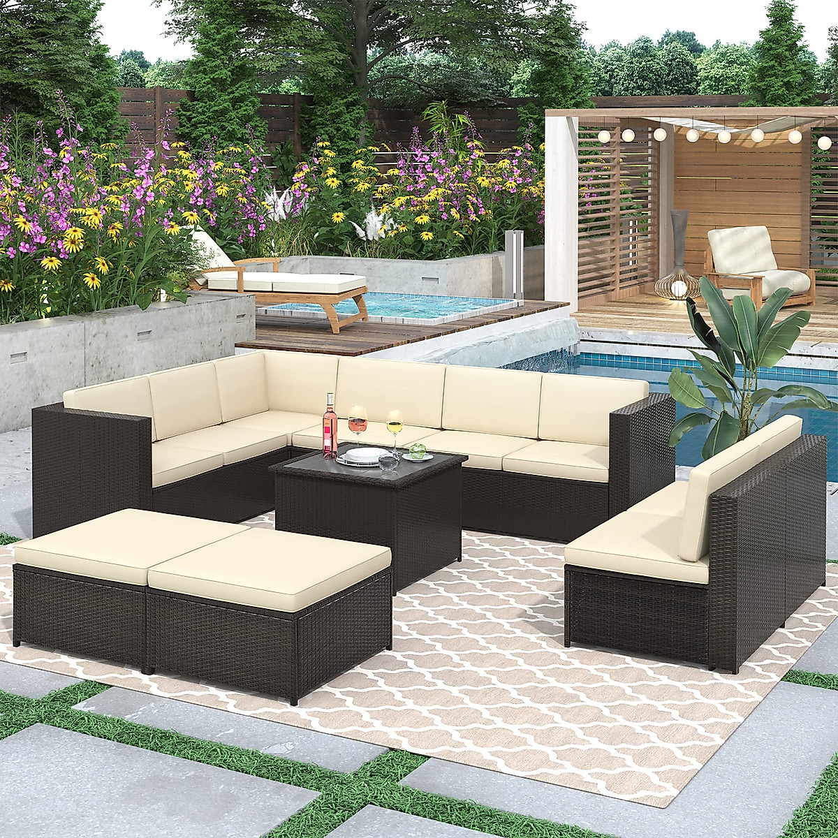 BIADNBZ 9 Piece Patio Furniture Sets PE Rattan Outdoor Conversation Sectional Sofa Couch with Coffee Table&Ottomans for Garden Yard Poolside, Beige Cushions+Brown Wicker