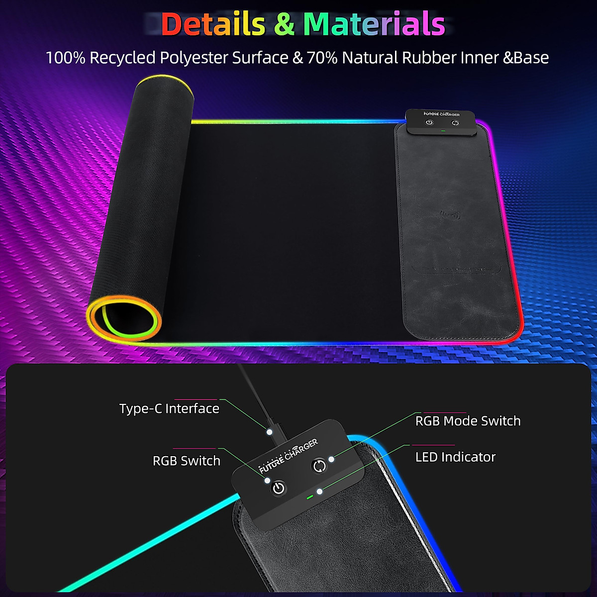 RGB Gaming Mouse Pad with Wireless Charging 10W, 31.5"x11.8" X-Large Desk Mat Protector, [9 Light Modes] [Light Switch] [Non-Slip Rubber Base] [Waterproof] Keyboard Mat