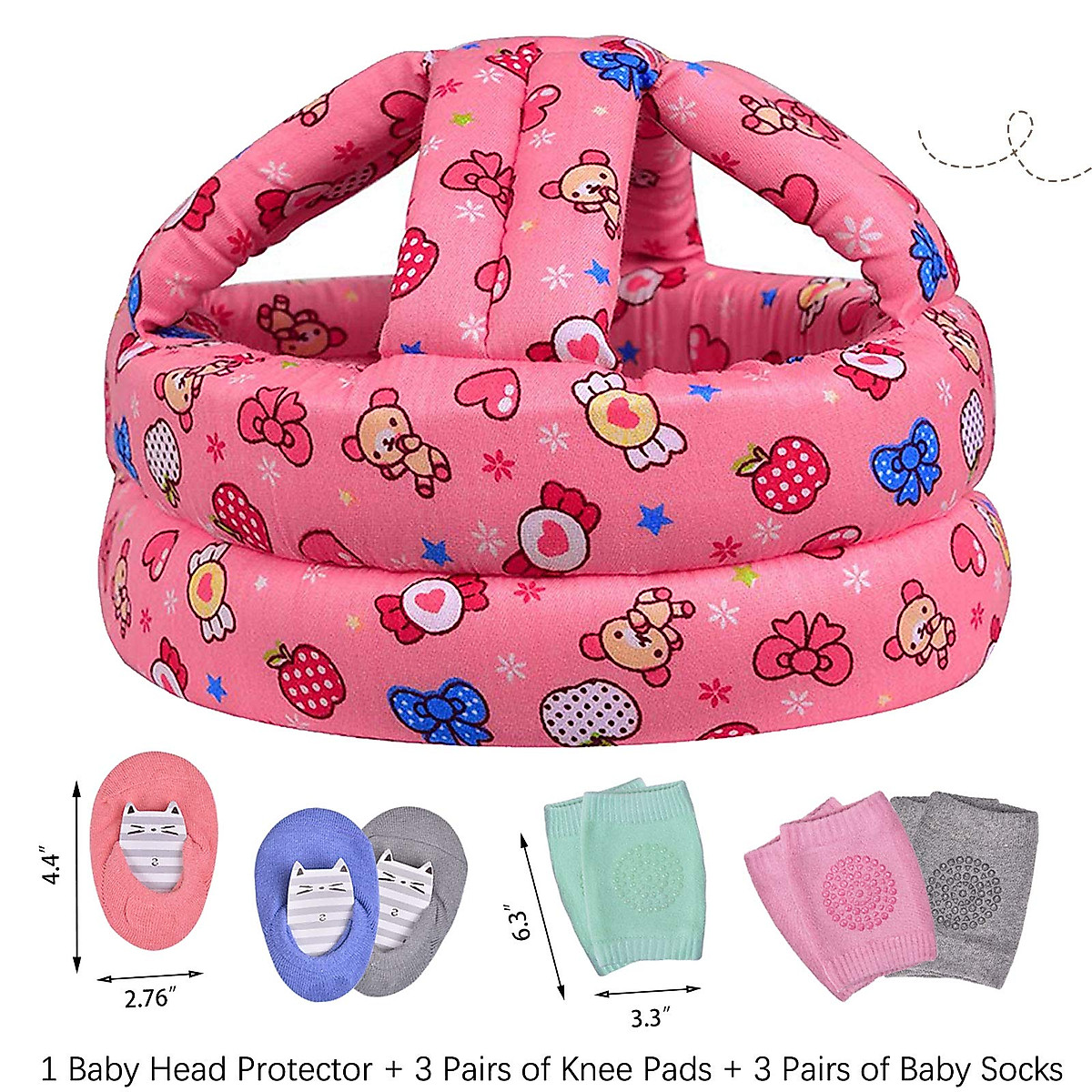 Baby Safety Helmet, Infant Baby Head Protector with 3 Pairs Baby Knee Pads for Crawling & 3 Pairs Baby Socks, Head Cushion Bumper Bonnet, Soft Headguard for Toddler Learning to Walk, Pink Candy