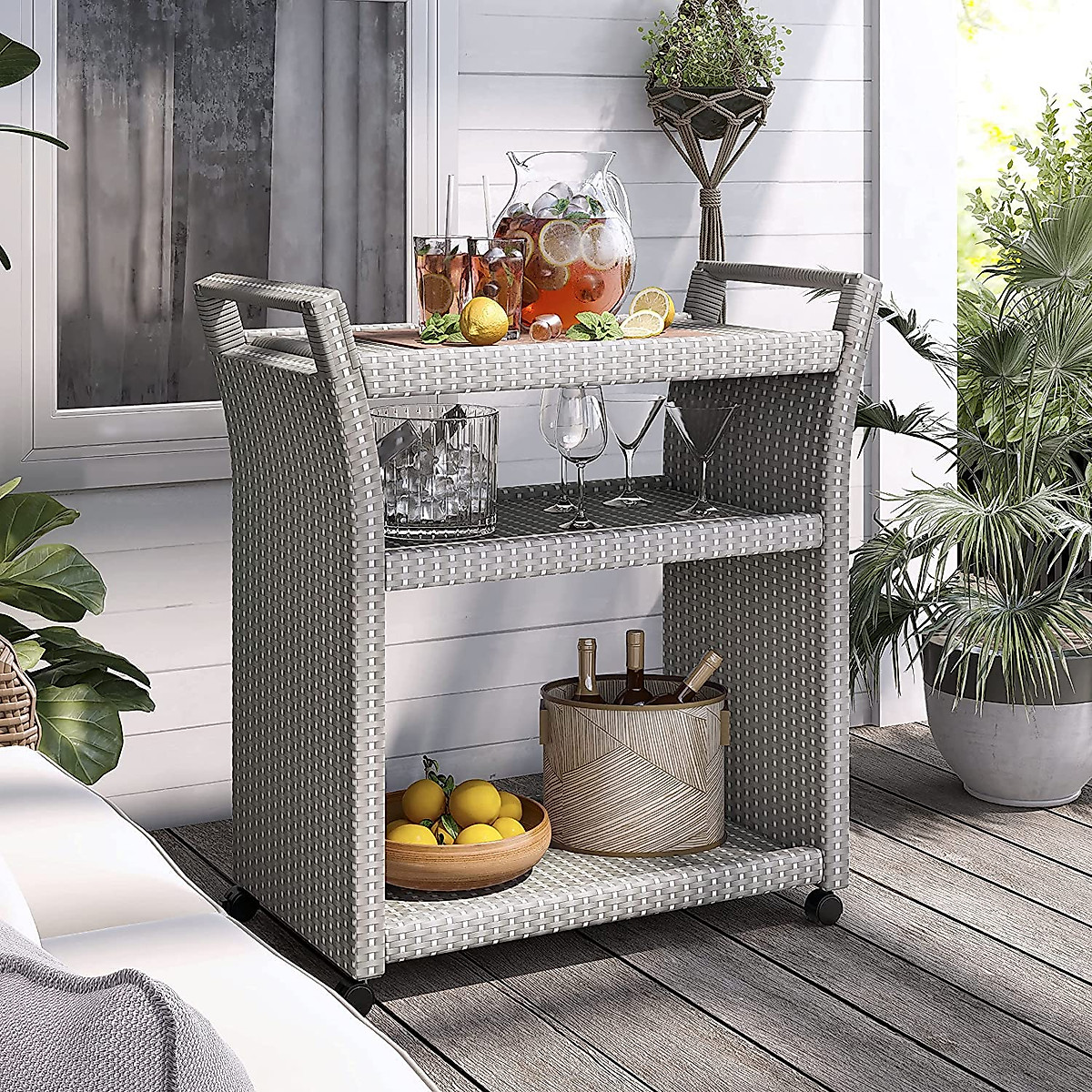 PayLessHere Outdoor PE Wicker Side Table Patio Coffee Table, Wicker Rattan Porch Coffee Table with Storage Shelf, Aluminum Frame, Gray