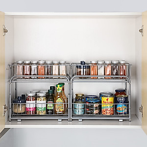 MOOACE 2 Pack Stackable 2-Tier Under Sink Cabinet Organizer with Sliding Storage Drawer, Sliding Basket Organizer for Kitchen, Bathroom, Pantry, Cabinet, Silver