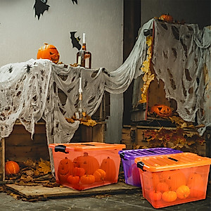 Sweetude 8 Pcs Halloween Plastic Storage Bin with Lids Purple Orange Clear Plastic Storage Totes Container 53 Qt Stackable Nestable Holiday Storage Box with Wheels and Latching Handles