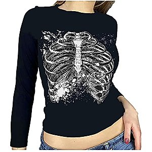 Women Teen Girls Funny Printed Top Blouse Women Y2K Cool Punk Top Blouse Women Long Sleeve Top Blouse Black