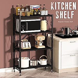 MYDENIMSKY 4 Tier Storage Shelf, Heavy Duty Foldable Shelving Units with Wheels, Metal Storage Rack, Wire Shelving Units No Assemble Required, Moving Easily Great for Laundry Garage Kitchen, Black