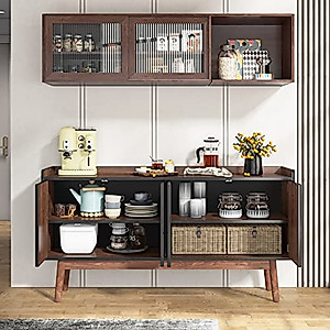LITTLE TREE 55 Inch Kitchen Buffet Cabinet with Storage Shelf, Sideboard Coffee Bar with Doors, Buffets Accent Cabinet for Dining Room Living Room Entryway, Black Rustic Brown