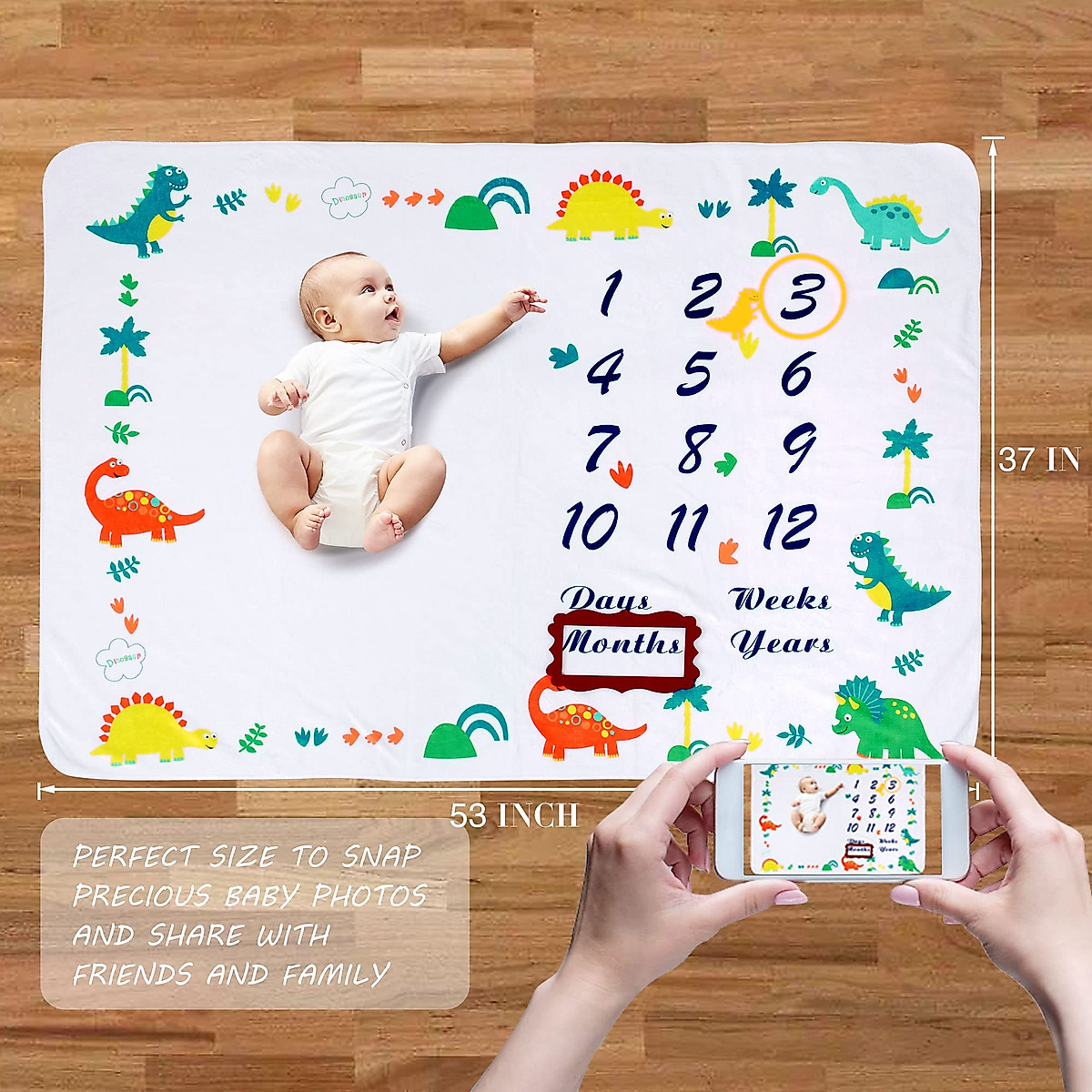 Cloele Baby Monthly Milestone Blanket - Newborn Unisex Baby Age Blanket 37"x53" First Year Calendar Growth Chart - Soft Baby Month Blanket for Boy & Girl Dinosaur Photography Background Blanket White