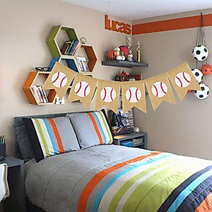 Amosfun Sport Theme Party Banner Vintage Burlap Baseball Pattern Happy Sport Bunting Banner for Sport Baseball Lover Boy Birthday Decoration