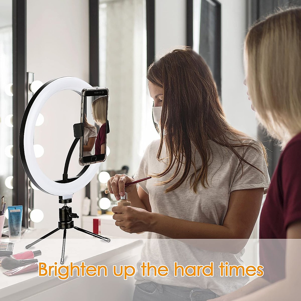 Desk Ring Light with Stand, 10'' Dimmable Selfie Ring Light with Mini Tripod Stand and Phone Holder, Make Up LED Ring Light with Bluetooth Shutter for Zoom Meetings/Vlog/Tiktok/YouTube