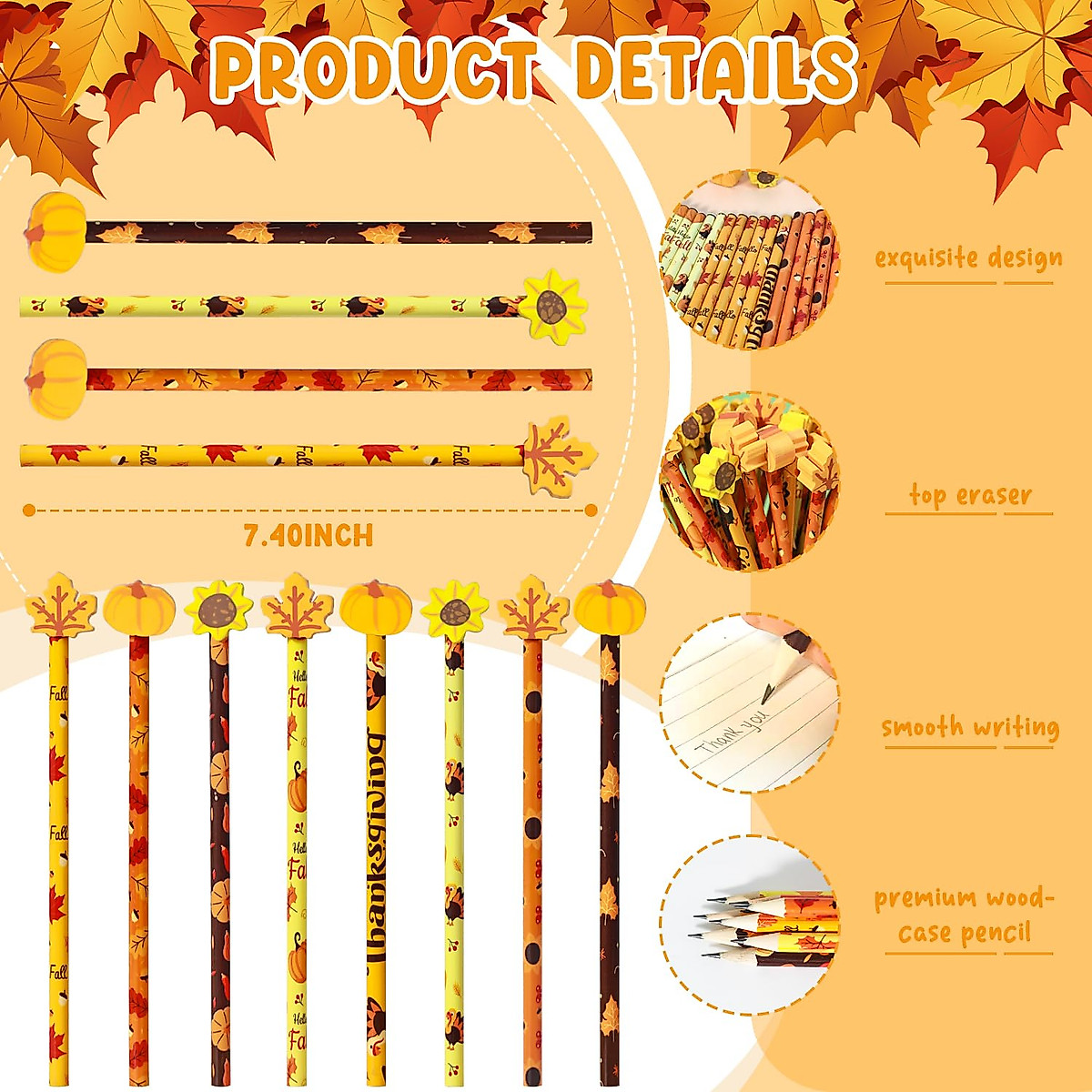 Fall Pencils with Erasers Toppers Autumn Themed Pumpkin Maple Leaf Sunflower Top Eraser Thanksgiving Decoration Bulk Pencil for Kids Students Office School Stationery Gift (30 Set)