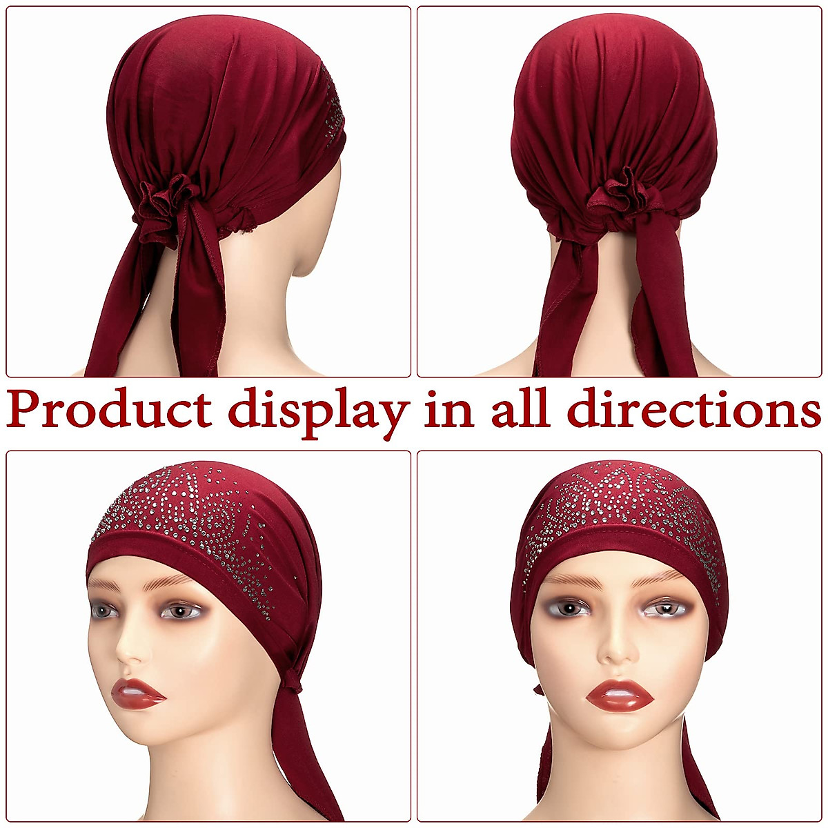 Geyoga 6 Packs Rhinestone Head Scarf Stretchy Head Wrap Women Bandana Beanie Pre Tied Durag Turban Cap Skull Cap Headbands(Vivid Colors)